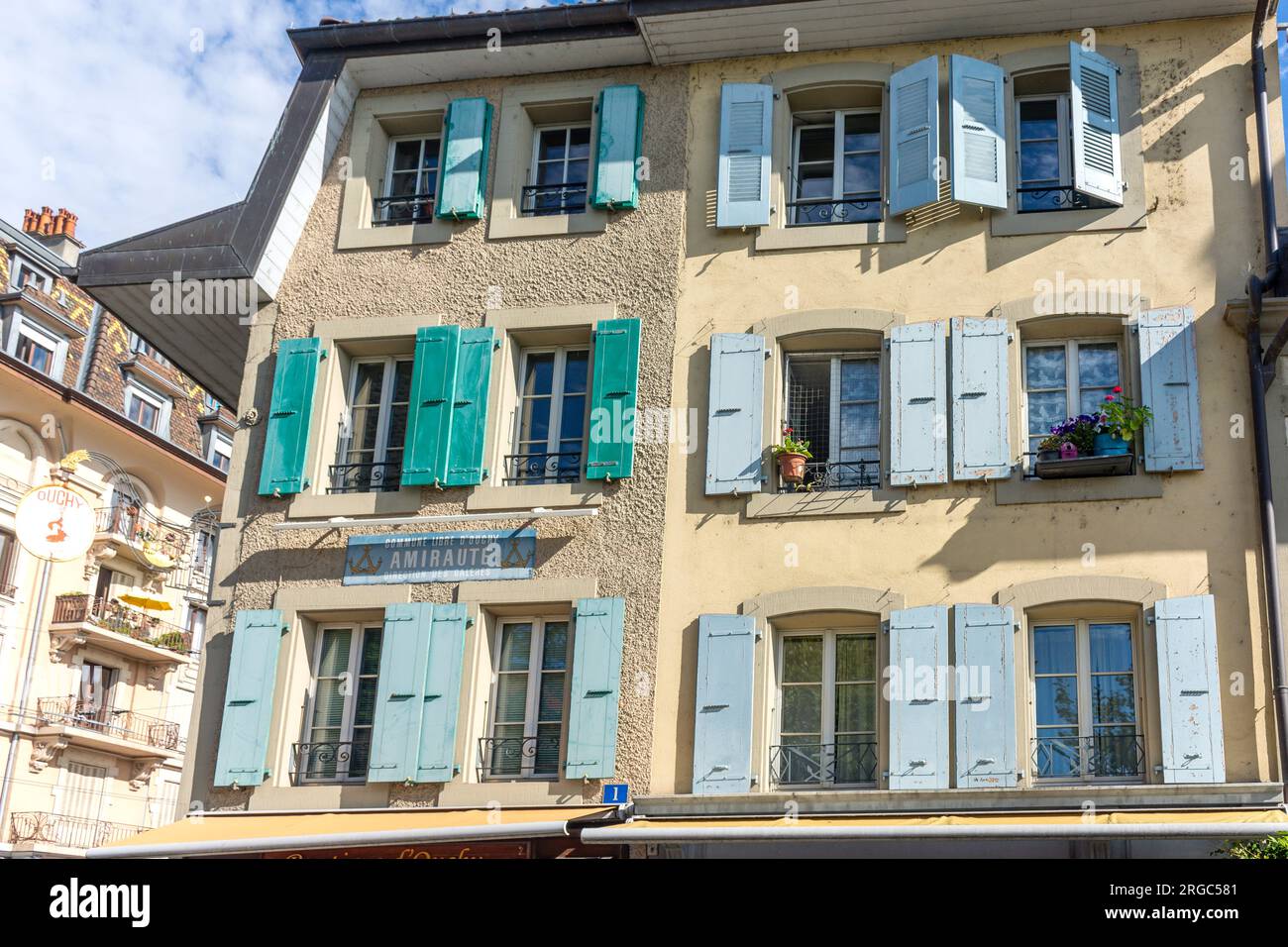 Traditional shuttered building facade, Place du Port, Ouchy, Lausanne ...