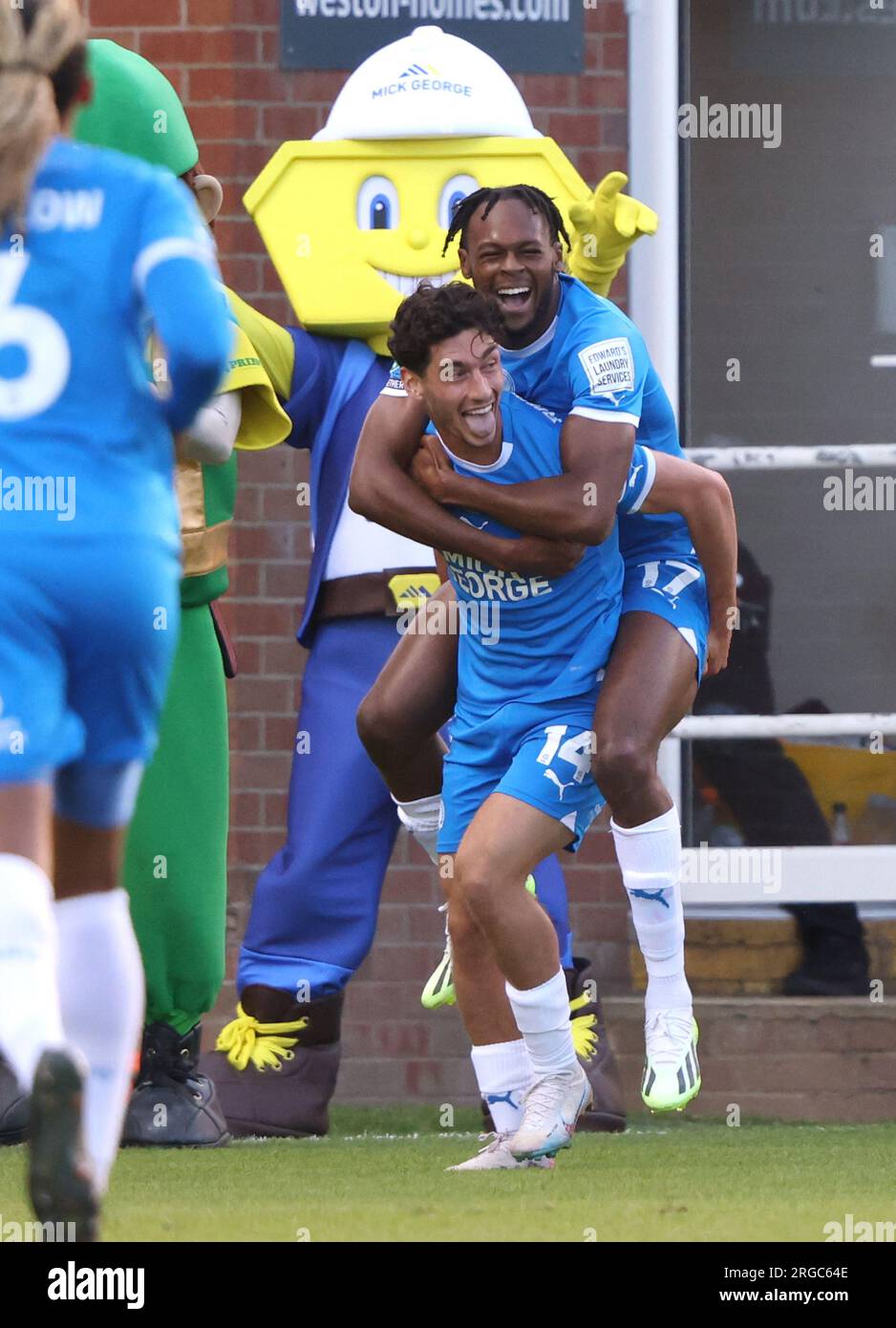 Peterborough, UK. 08th Aug, 2023. Joel Randall (PU) celebrates scoring ...