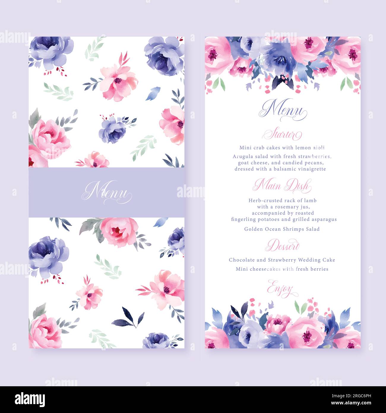 Watercolor floral wedding menu cards with pink blue lilac peach Rose ...