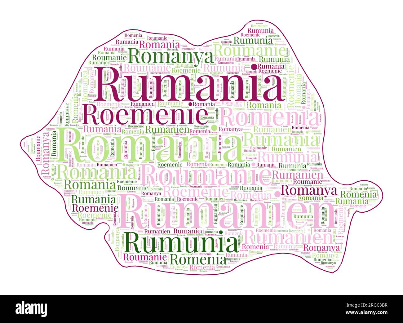 Romania shape filled with country name in many languages. Romania map ...