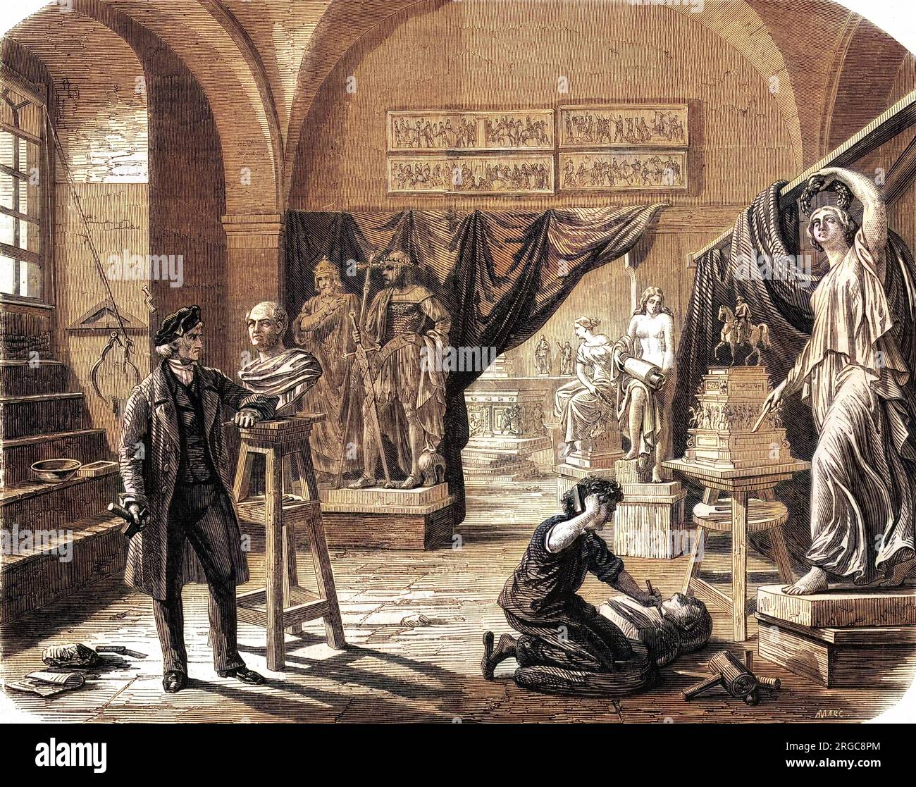 CHRISTIAN DANIEL RAUCH German sculptor, at work with an assistant in ...