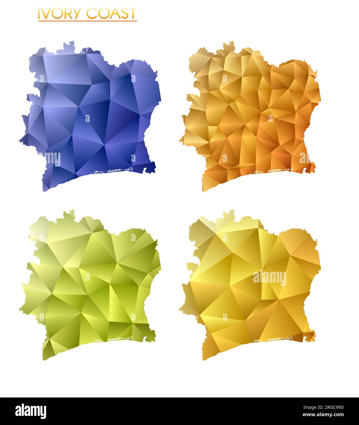 Set of vector polygonal maps of Ivory Coast. Bright gradient map of country in low poly style ...