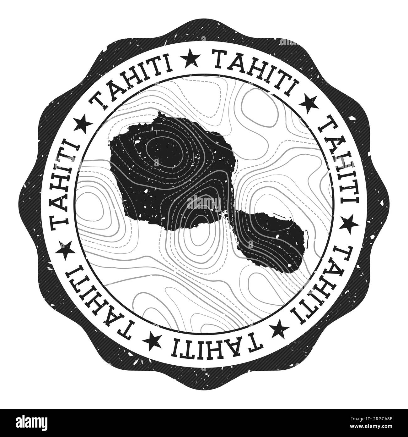 Tahiti outdoor stamp. Round sticker with map of island with topographic ...