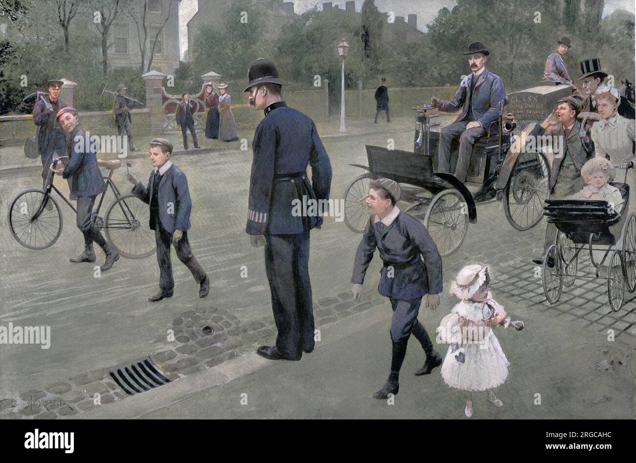 Illustration showing Harry Hewetson driving his 3hp Benz motorcar ...