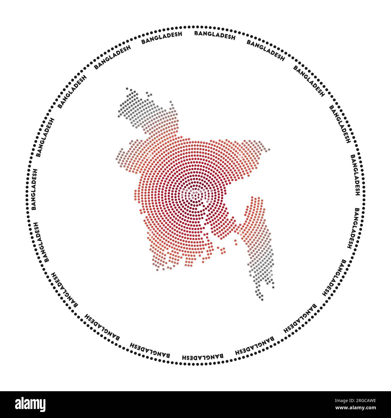 Bangladesh round logo. Digital style shape of Bangladesh in dotted circle with country name ...
