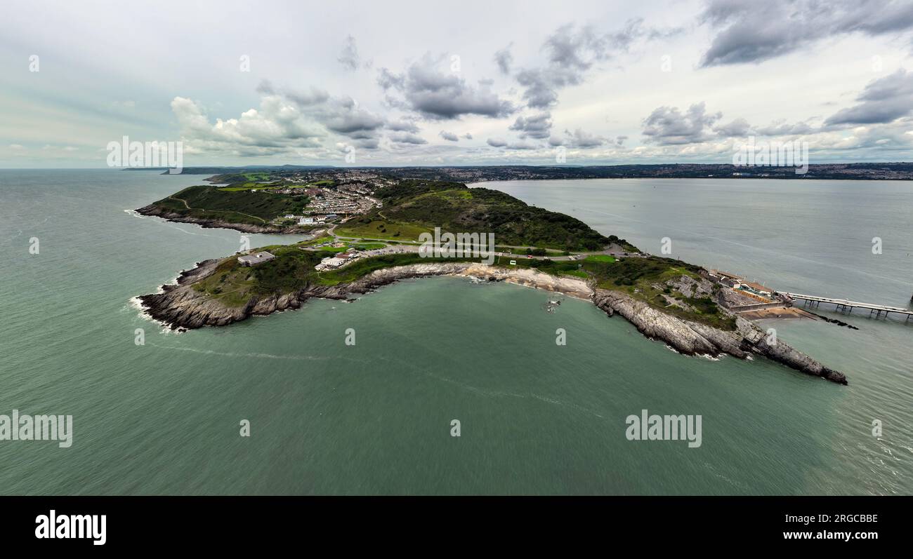 Editorial Swansea, UK - August 07, 2023: Aerial view of Bracelet Bay, a ...