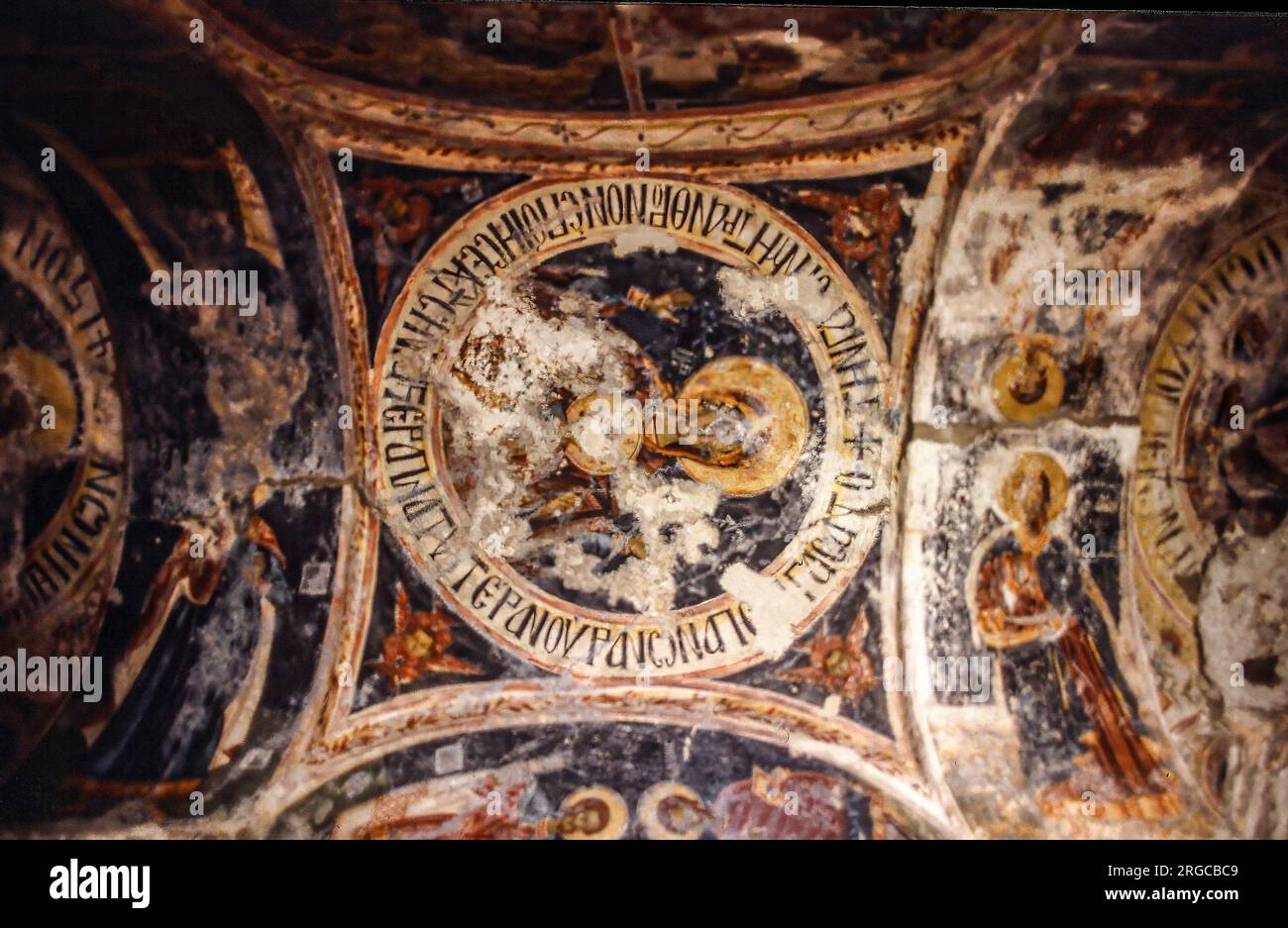 Mystras, Greece. Frescoes of Catholic martyrs inside Pantanassa ...