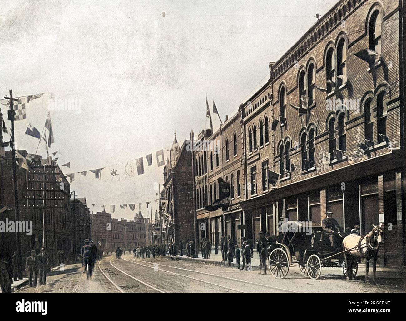 Newfoundland, Canada - St. Johns - Water Street. The flags celebrating ...