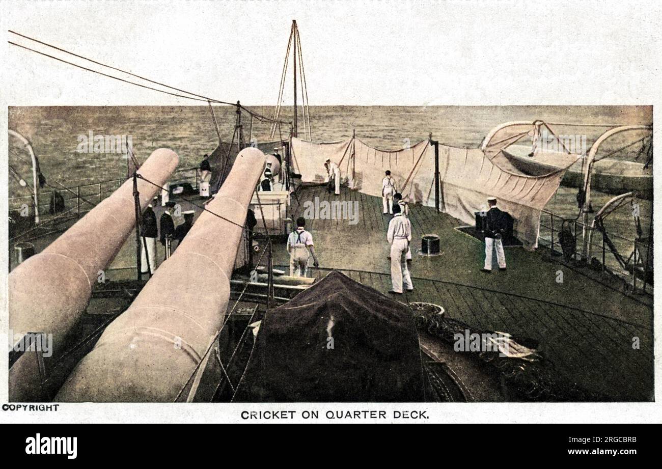 A game of cricket on the Quarter Deck of a British Battleship Stock ...