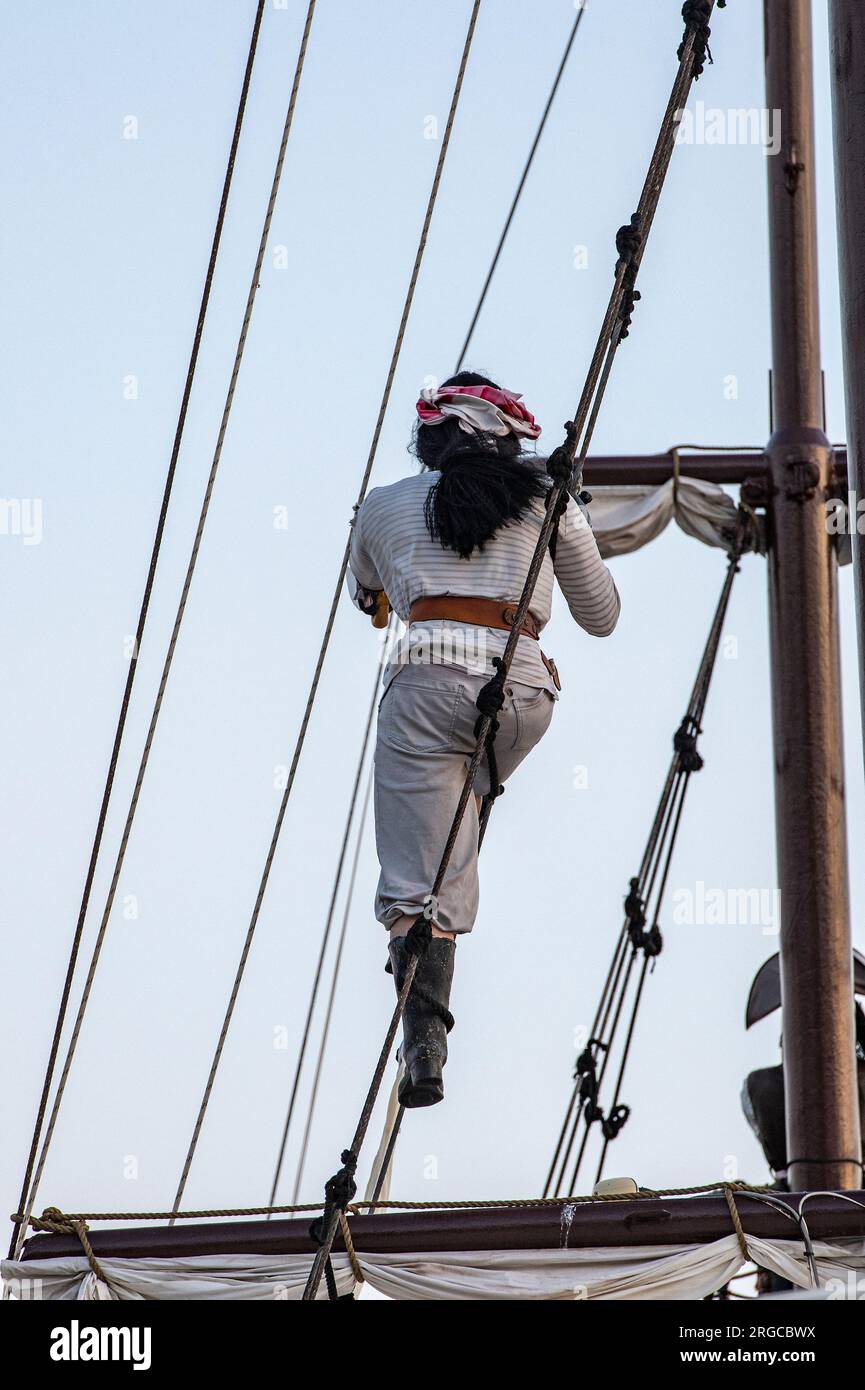 model pirate in the rigging of a traditional galleon or historic ...