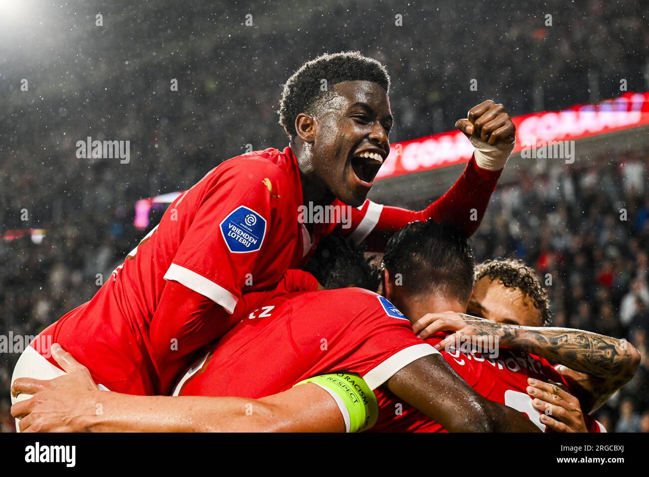 EINDHOVEN - 08/08/2023, Isaac Babadi of PSV Eindhoven celebrates the 3 ...