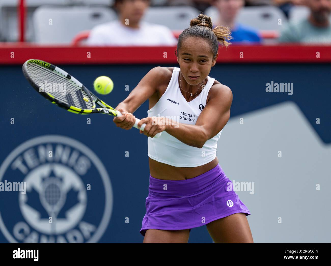Leylah Fernandez, of Canada, hits a return to Peyton Stearns during the National Bank Open ...