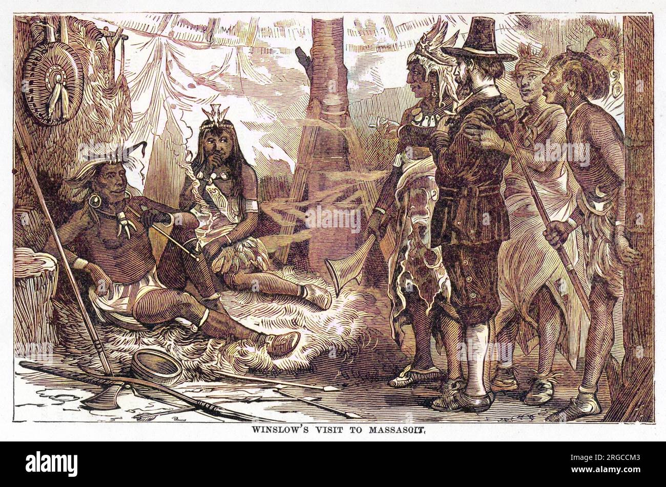 Mr Edward Winslow visits Massasoit, chief of the Pokanokets, to explain ...