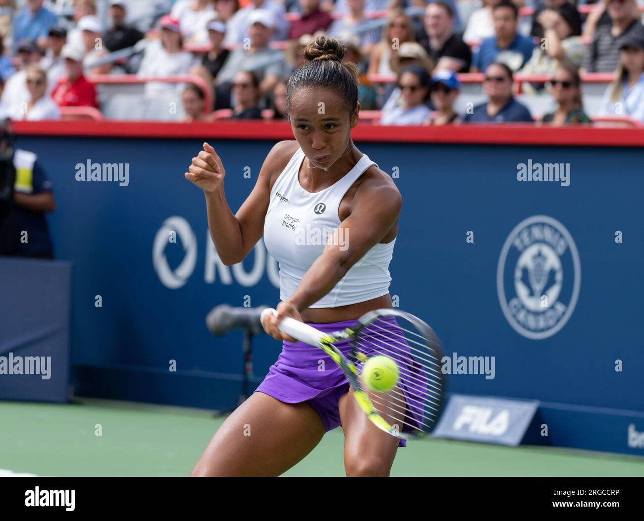 Leylah Fernandez, of Canada, hits a return to Peyton Stearns during the National Bank Open ...