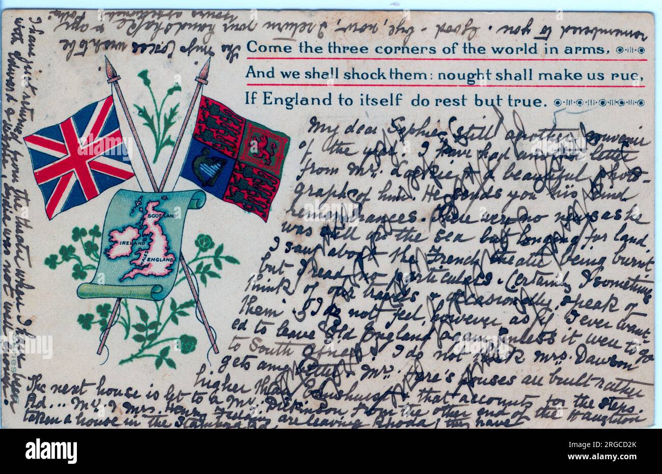 Two flags fly over a small map of Britain. This closely written card ...