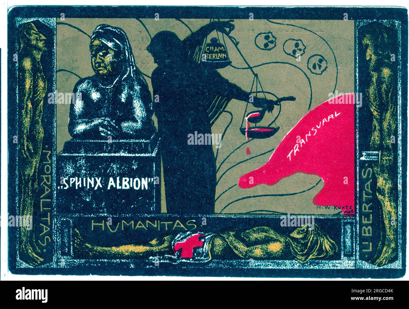 A complex drawing, with an image of the Queen and a figure representing ...