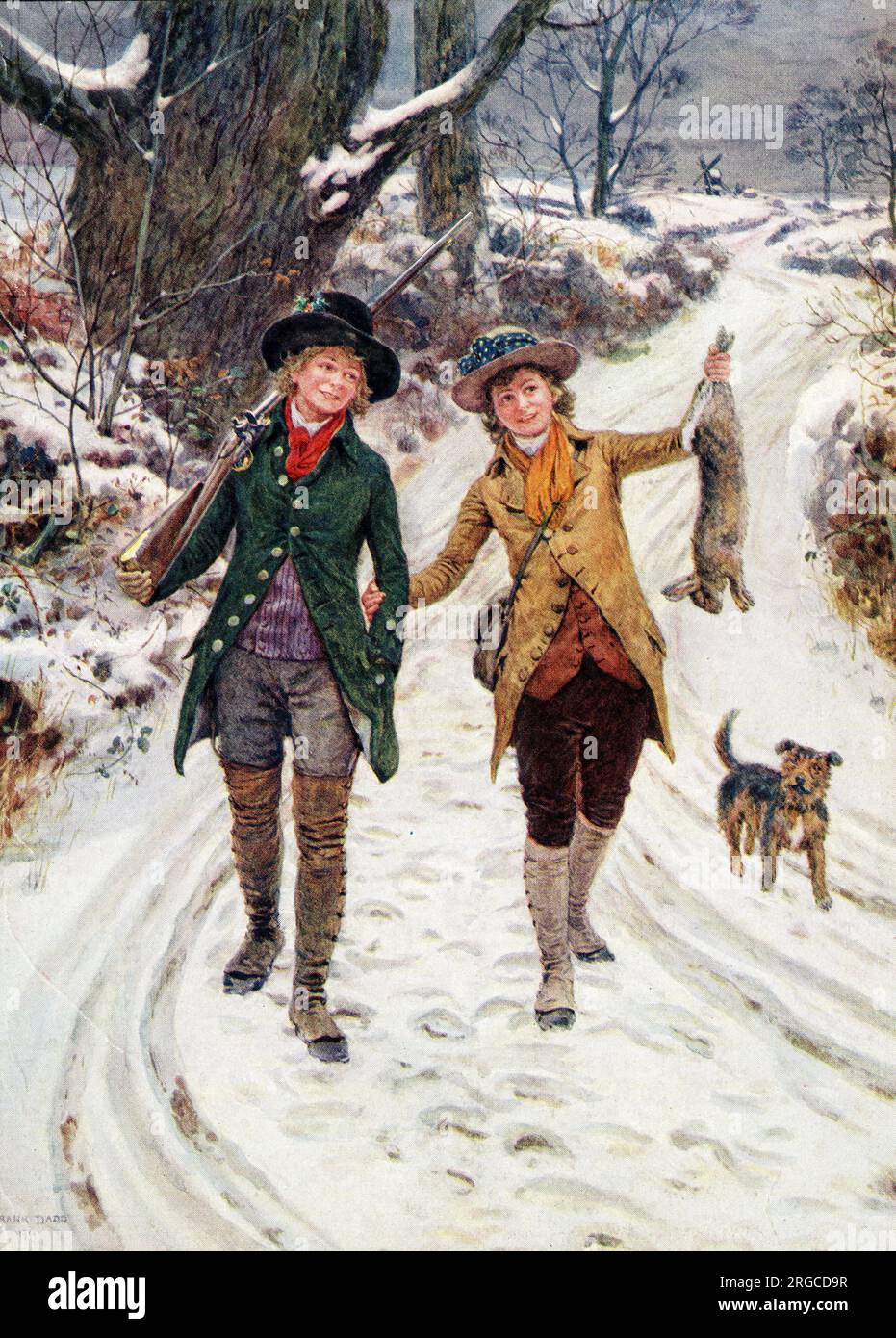 Young men returning home in the snow with a rabbit for Christmas Dinner ...