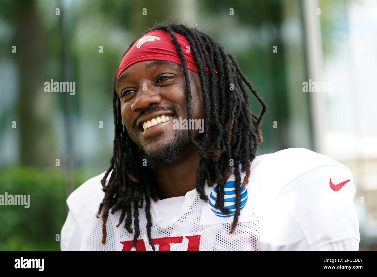 Atlanta Falcons cornerback Tre Flowers talks with the news media after ...