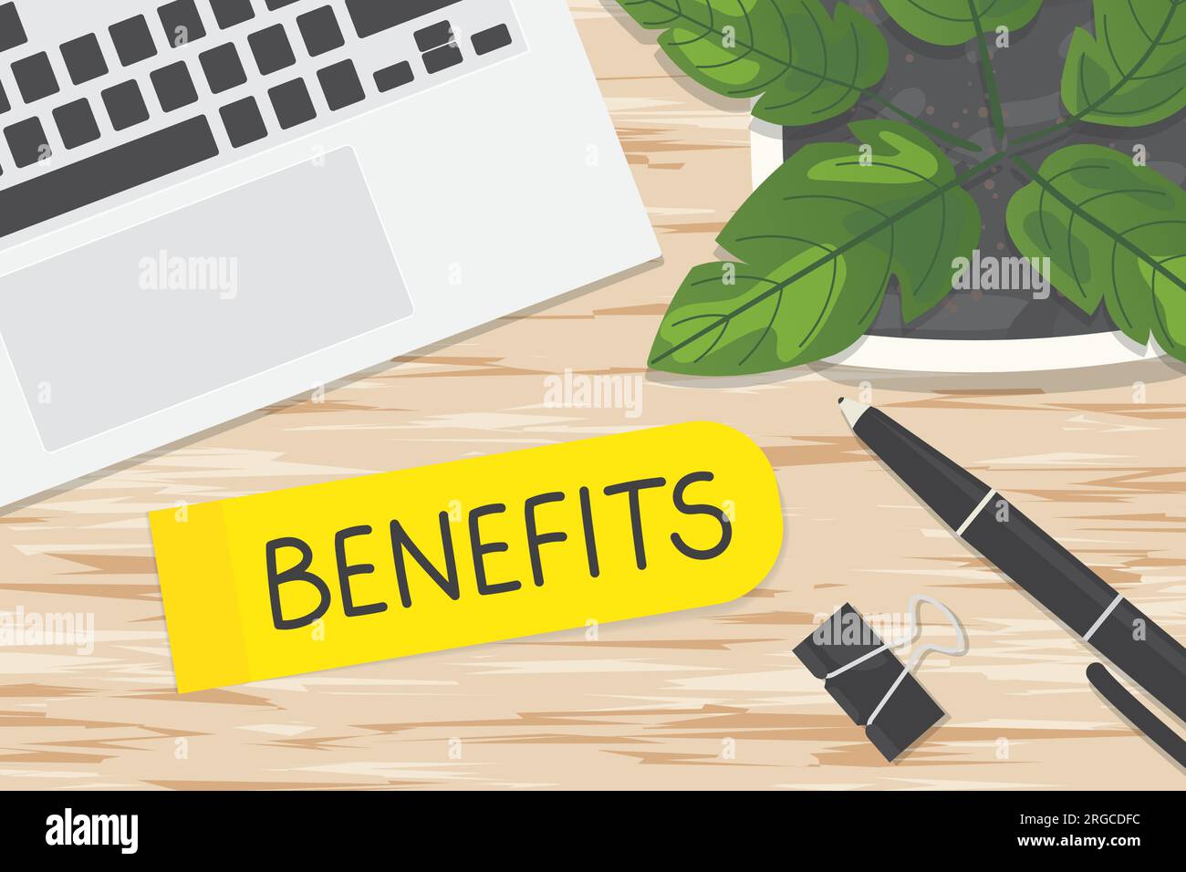 word benefits written on sticky note on office desk, flat lay view ...