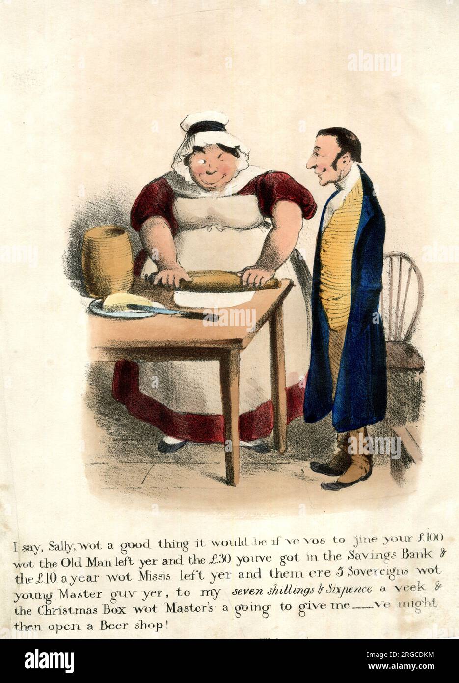 Georgian cartoon, hopeful man trying to persuade cook to invest her ...