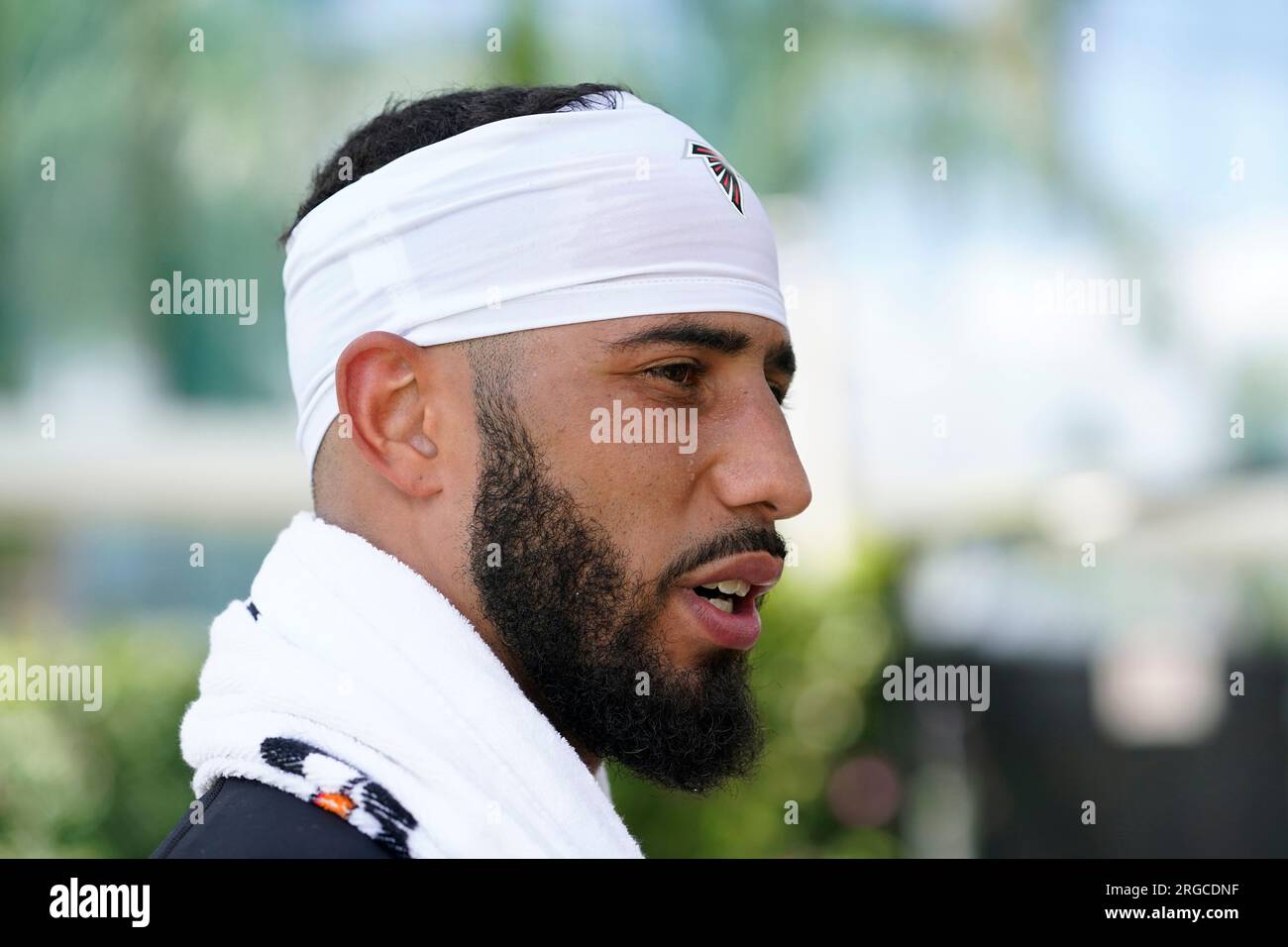 Atlanta Falcons safety Jessie Bates III talks with the news media after ...