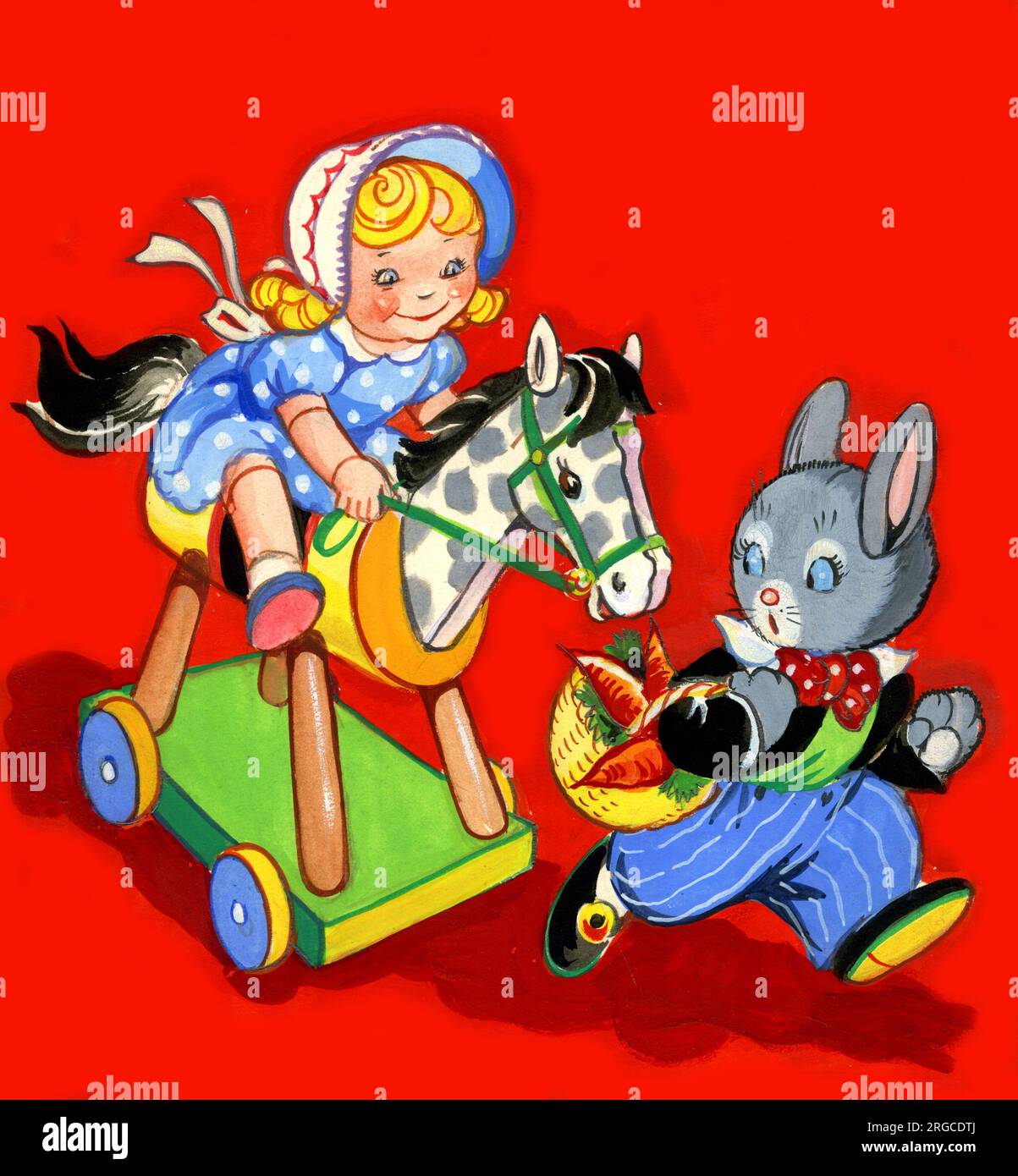 Doll riding a toy horse, chasing Mr Rabbit with his basket of carrots ...
