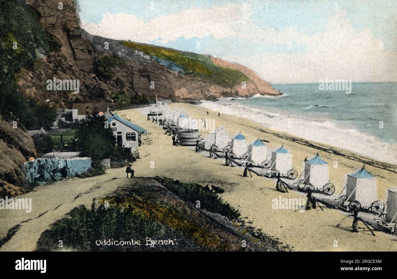 Bathing Machines neatly arranged on the sand at Oddicombe Beach, Devon ...