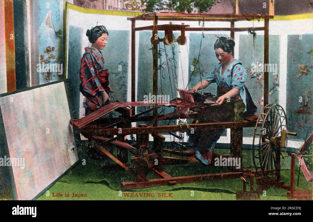 Weaving Sik on a traditional foot-powered loom, Japan Stock Photo - Alamy