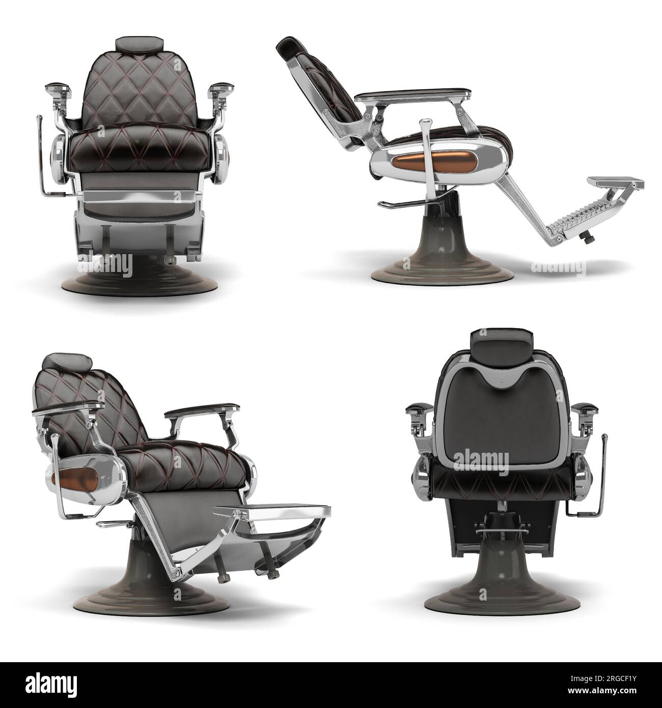 Set of retro black leather barber chair with chrome inserts back view ...