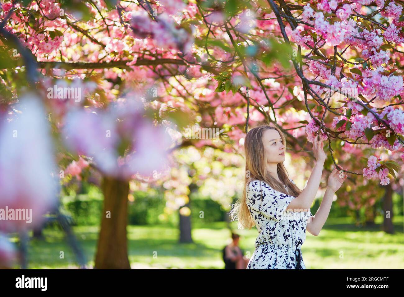 Beautiful young woman enjoying sunny day in park during cherry blossom ...