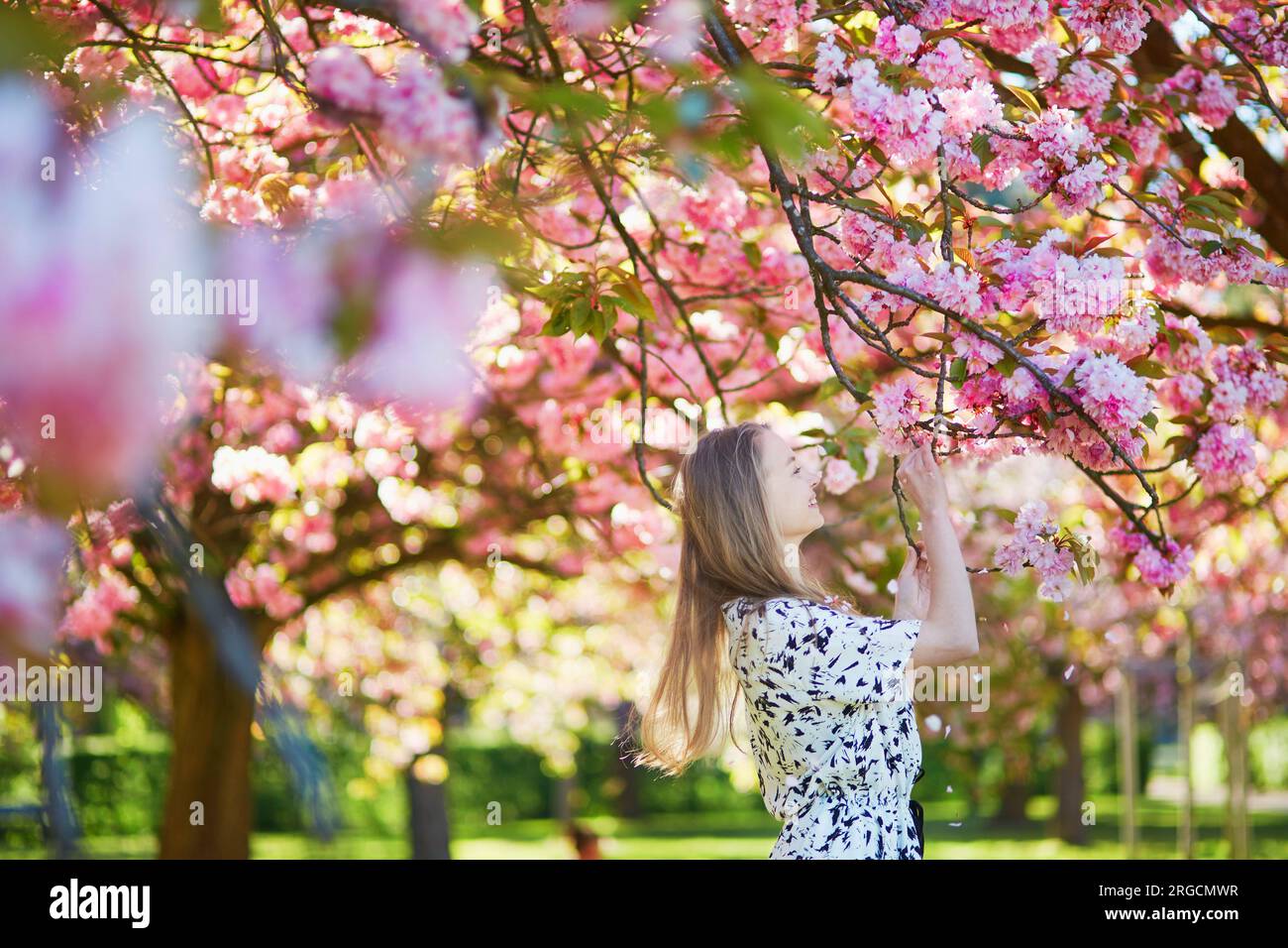 Beautiful young woman enjoying sunny day in park during cherry blossom ...