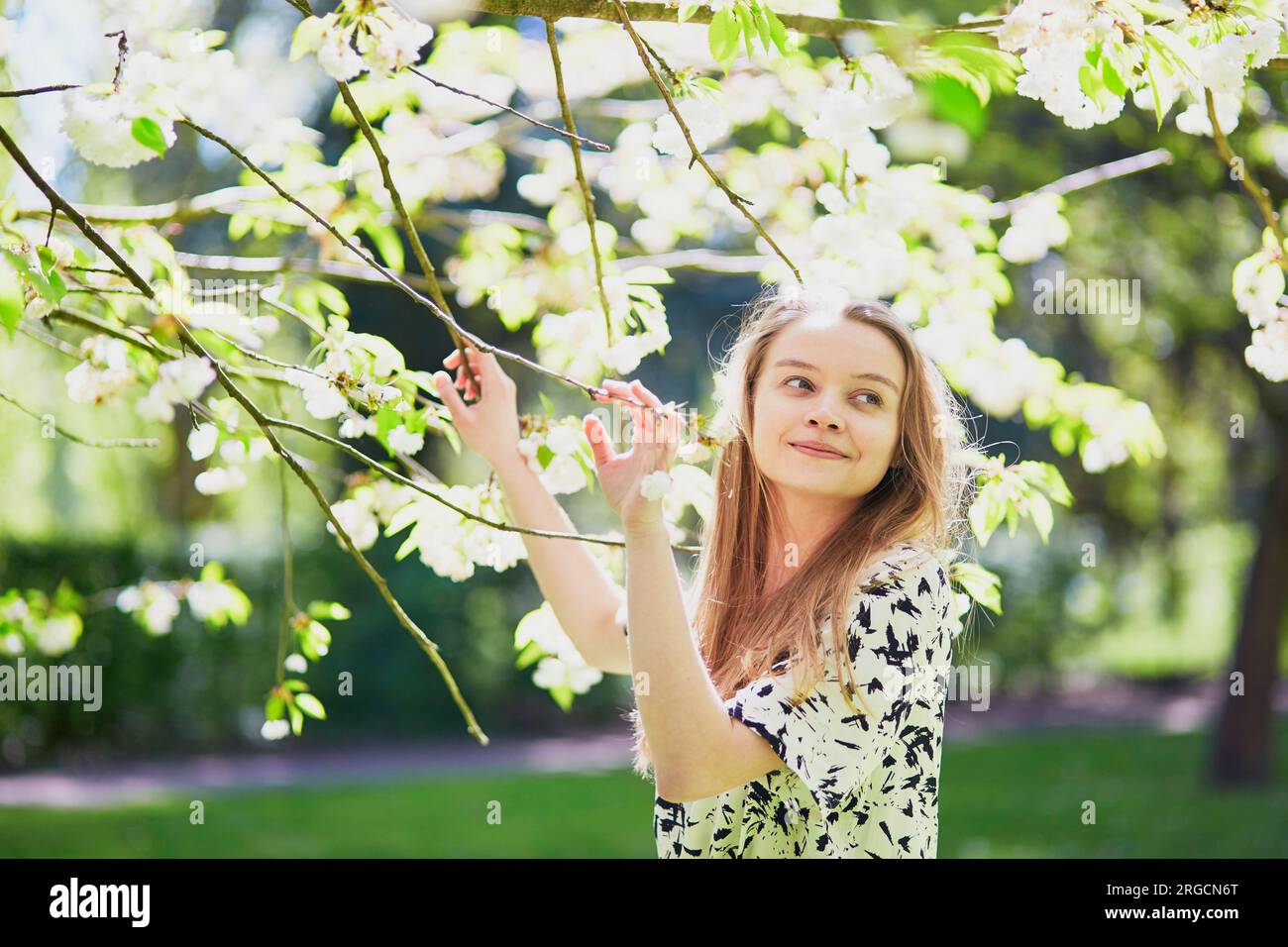 Beautiful girl in cherry blossom garden on a spring day, flower petals ...