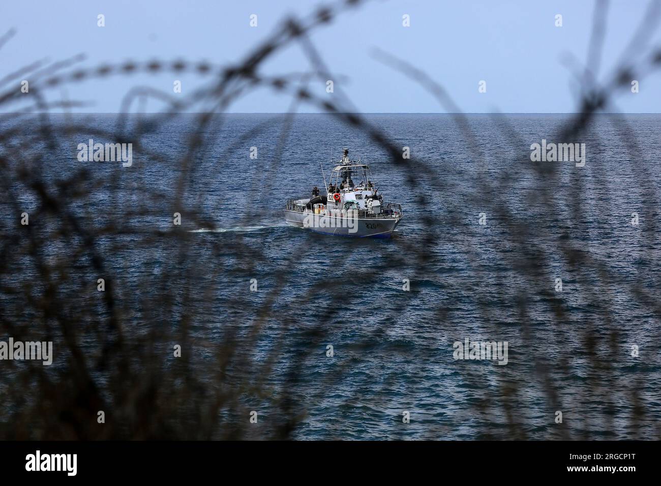 Naqoura, Lebanon. 08th Aug, 2023. Israeli navy boats patrol off the ...