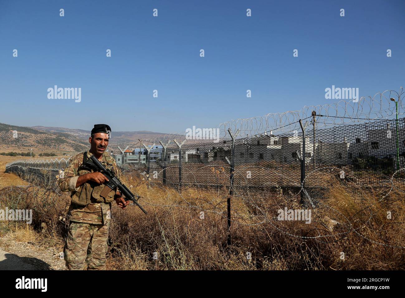 Ghajar. 08th Aug, 2023. A Lebanese soldier stands near at the border ...