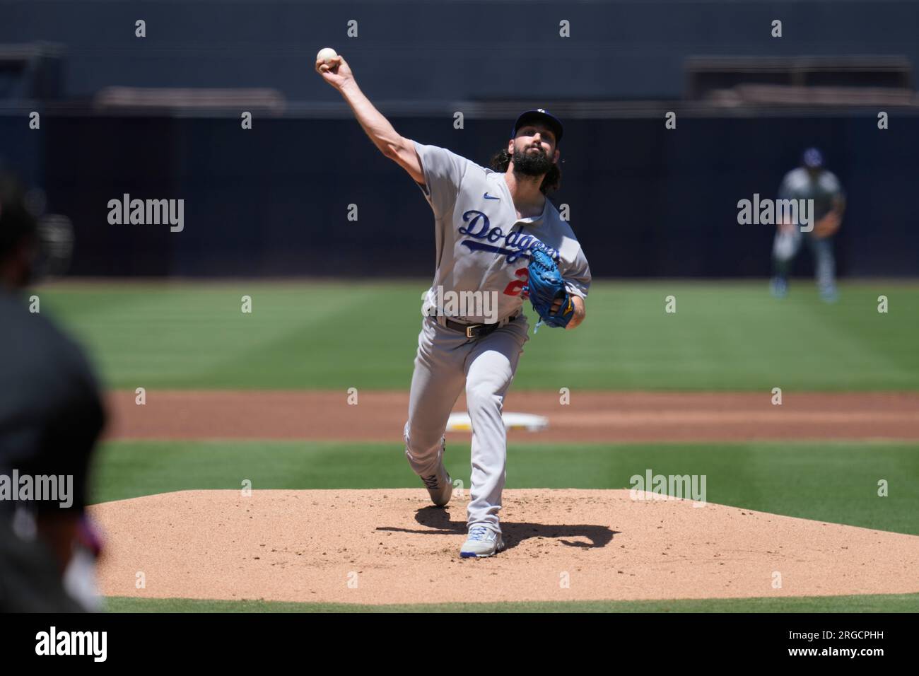 Los Angeles Dodgers starting pitcher Tony Gonsolin works against a San ...