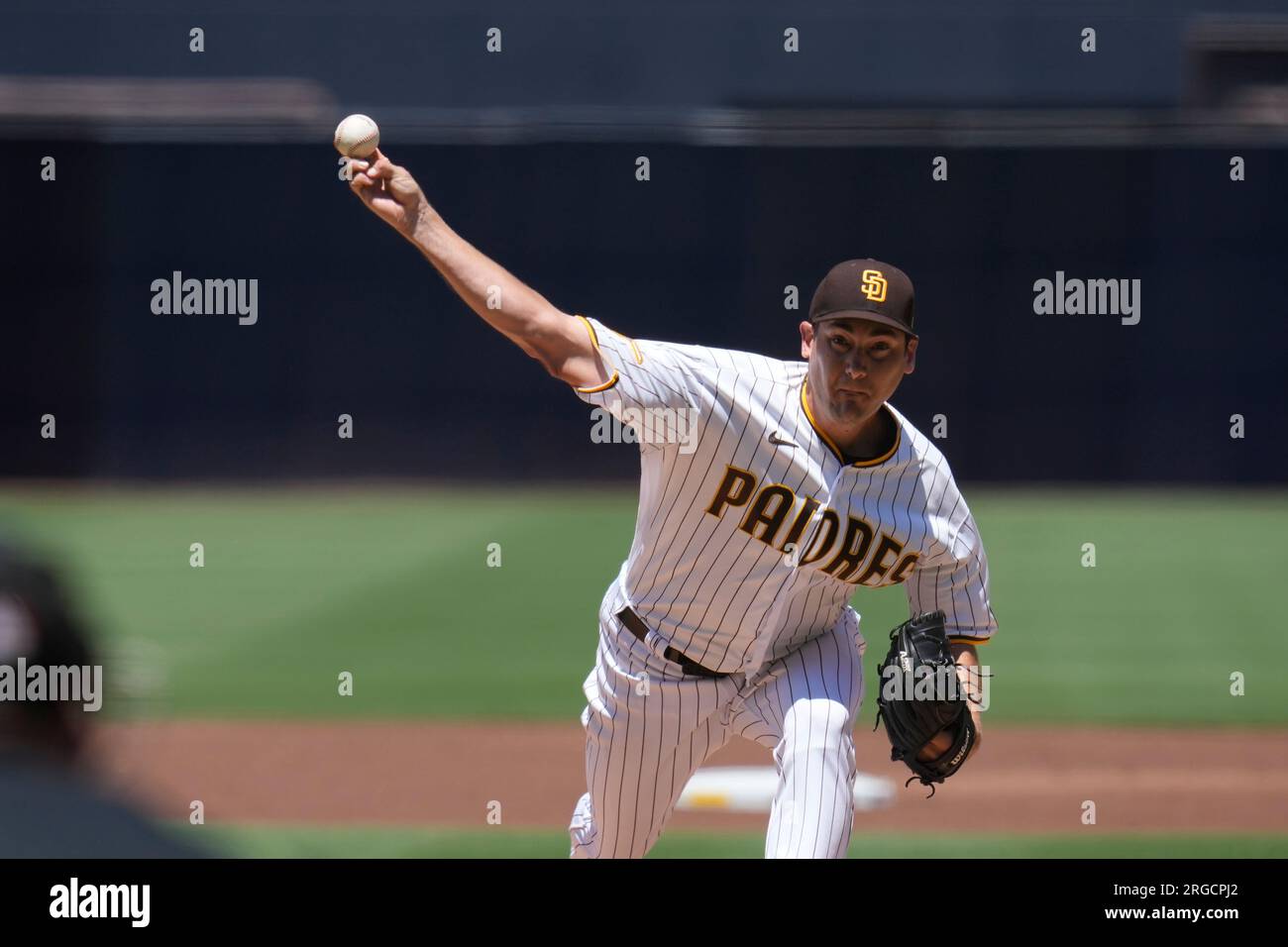 San Diego Padres starting pitcher Seth Lugo works against a Los Angeles ...