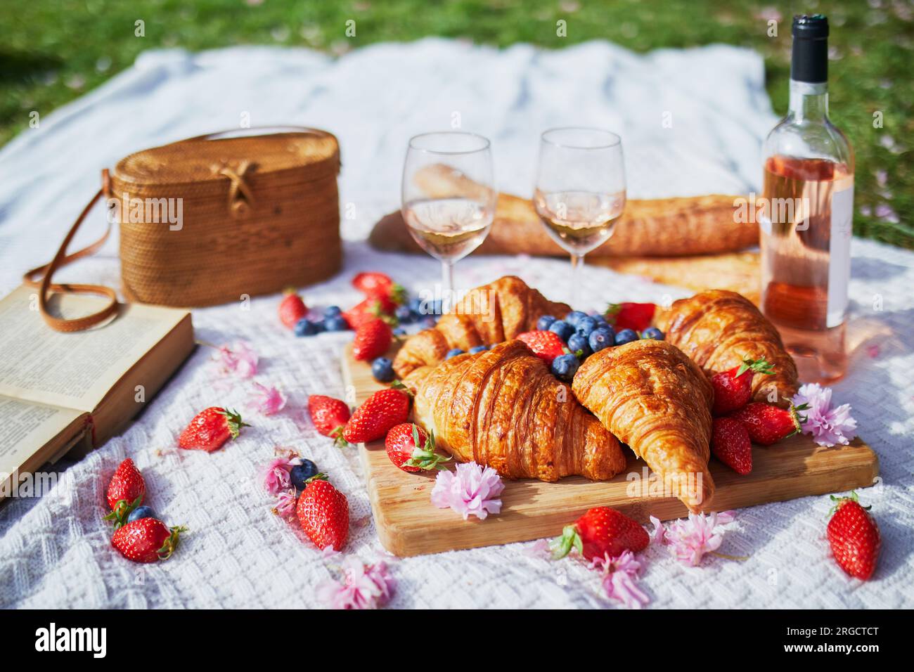 Beautiful picnic with rose wine, French croissants and fresh berries ...
