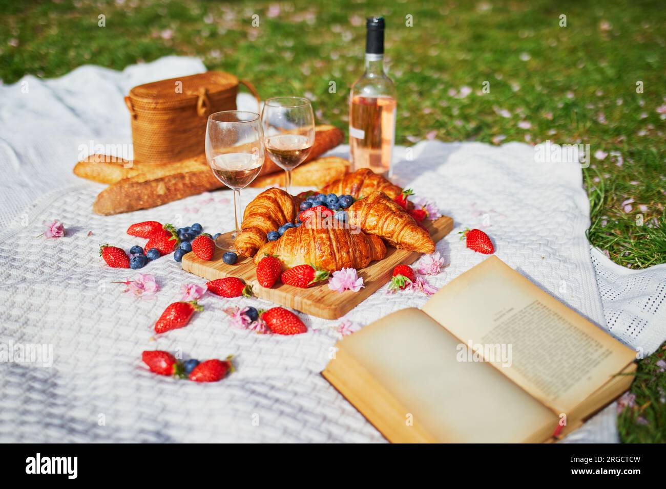 Beautiful picnic with rose wine, French croissants and fresh berries ...