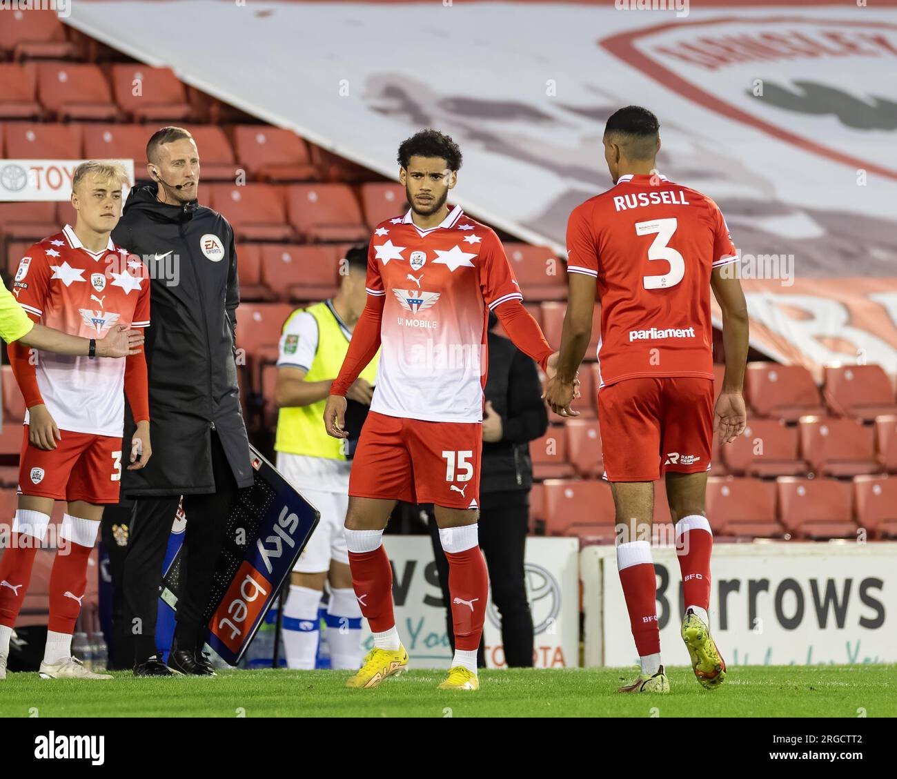 Kyran Lofthouse #15 of Barnsley comes on for Jon Russell #3 of Barnsley ...