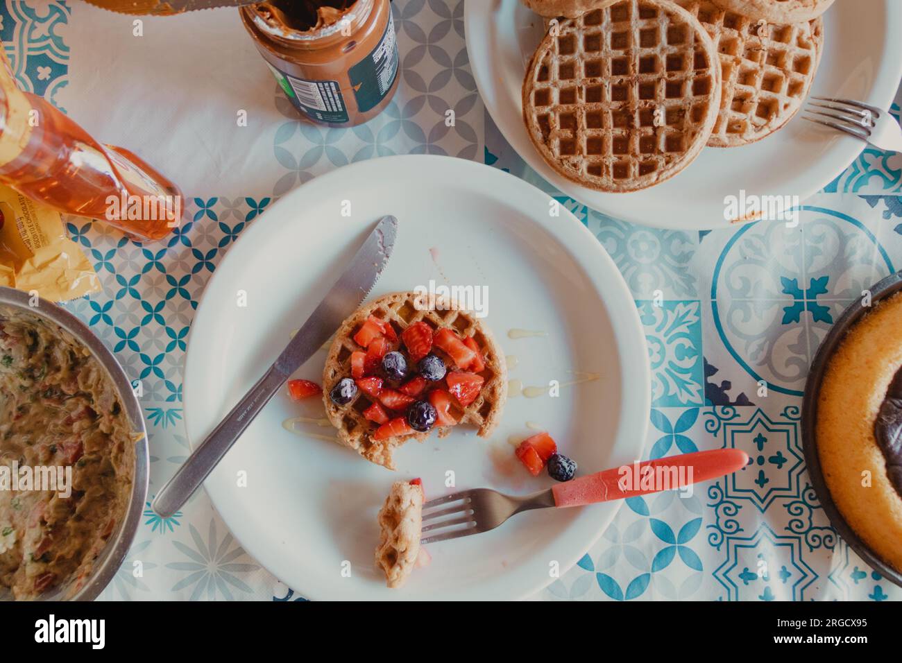 healthy breakfast table flat layer Stock Photo - Alamy
