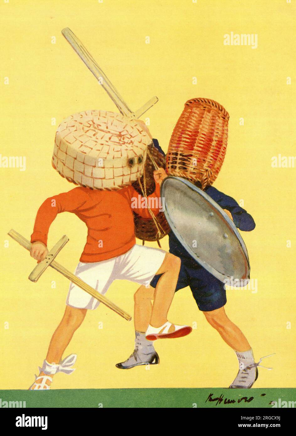 Illustration, Knights at Arms, boys fighting using household objects ...