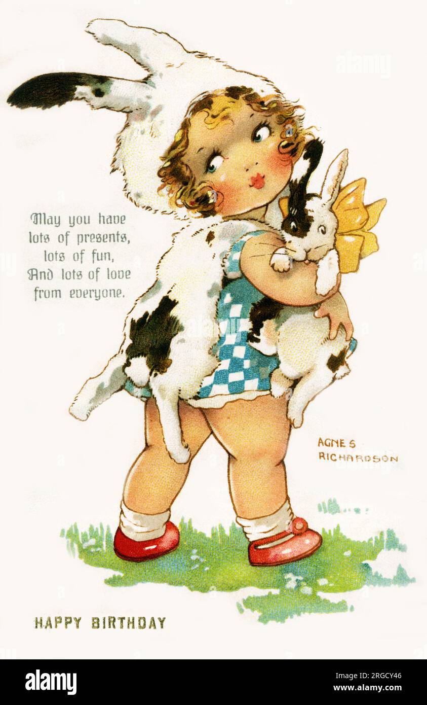 Birthday postcard, Girl in a rabbit outfit carrying a bunny Stock Photo ...
