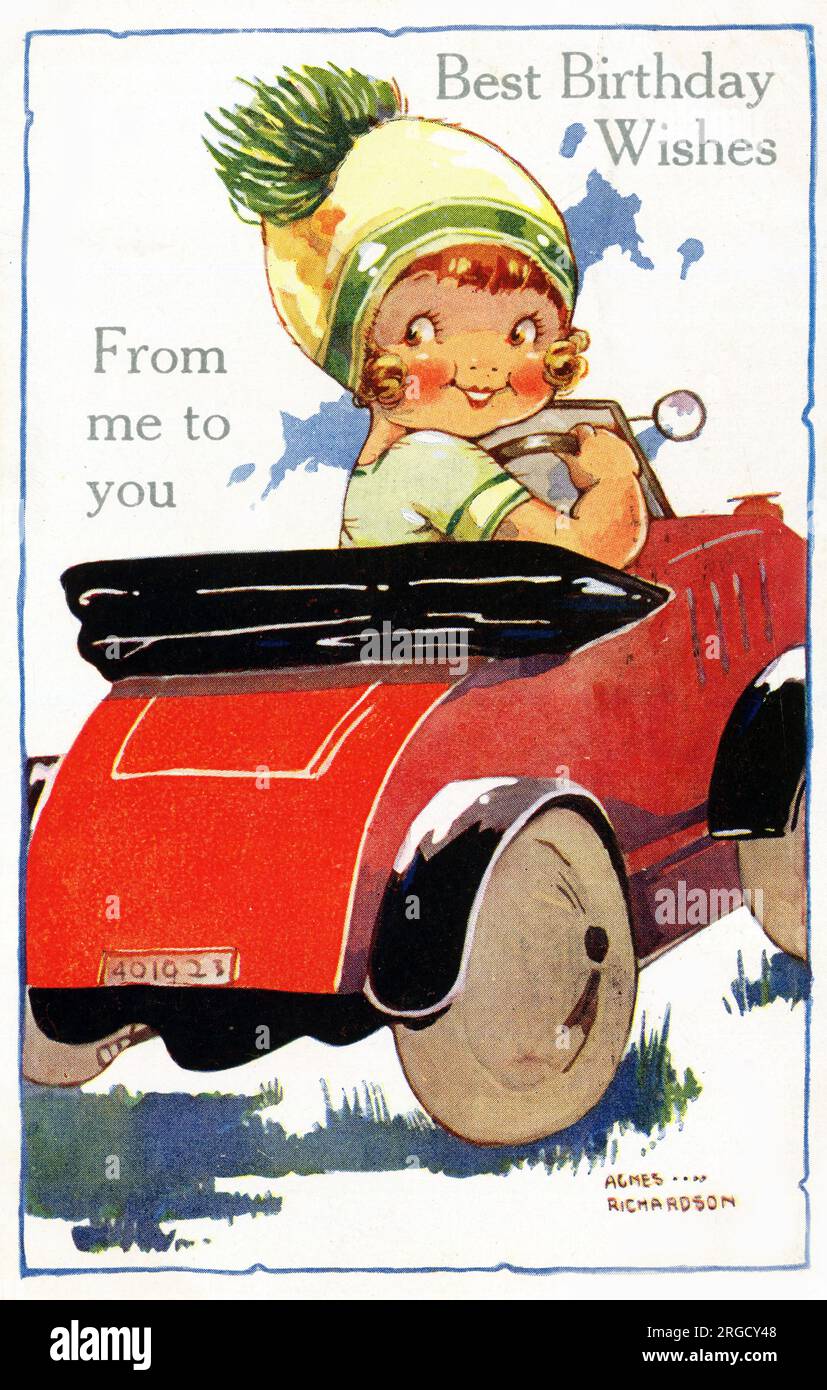 Birthday postcard, Girl driving a car, by Agnes Richardson Stock Photo ...