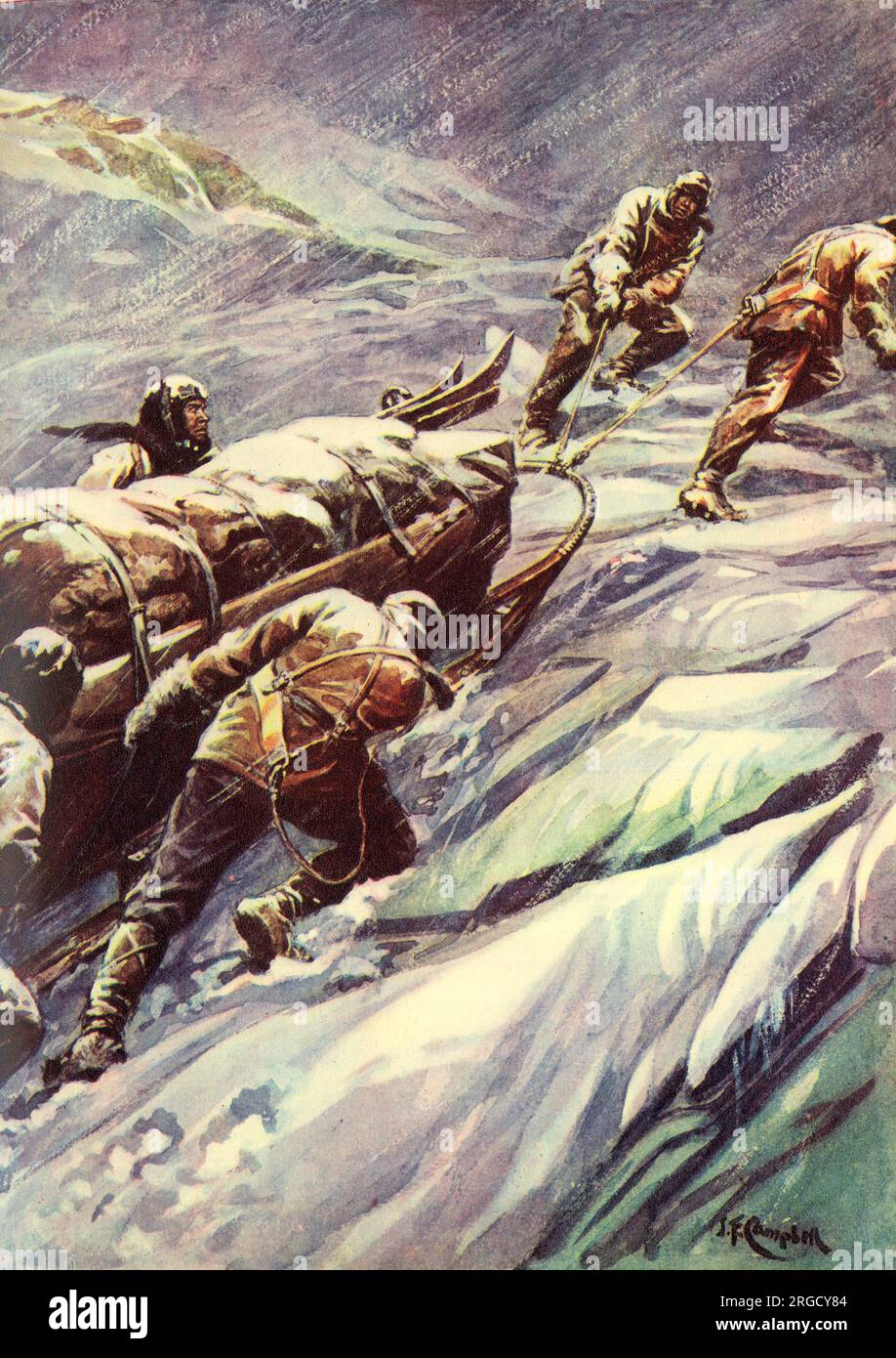 Captain Scott and his team hauling their sledge in the Antarctic Stock ...