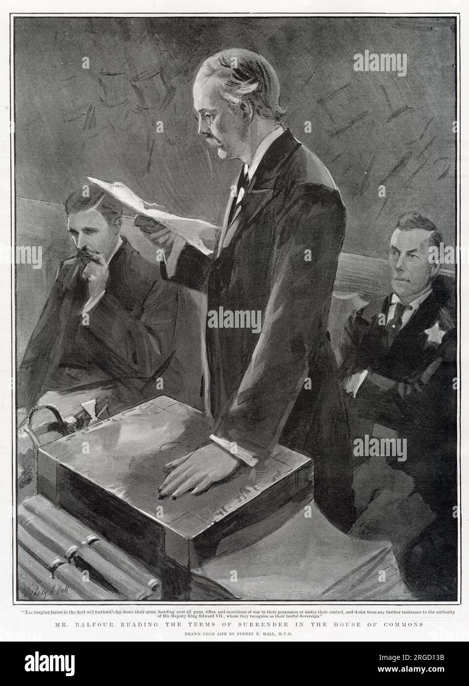 Arthur Balfour in the House of Commons, reading the terms of surrender ...
