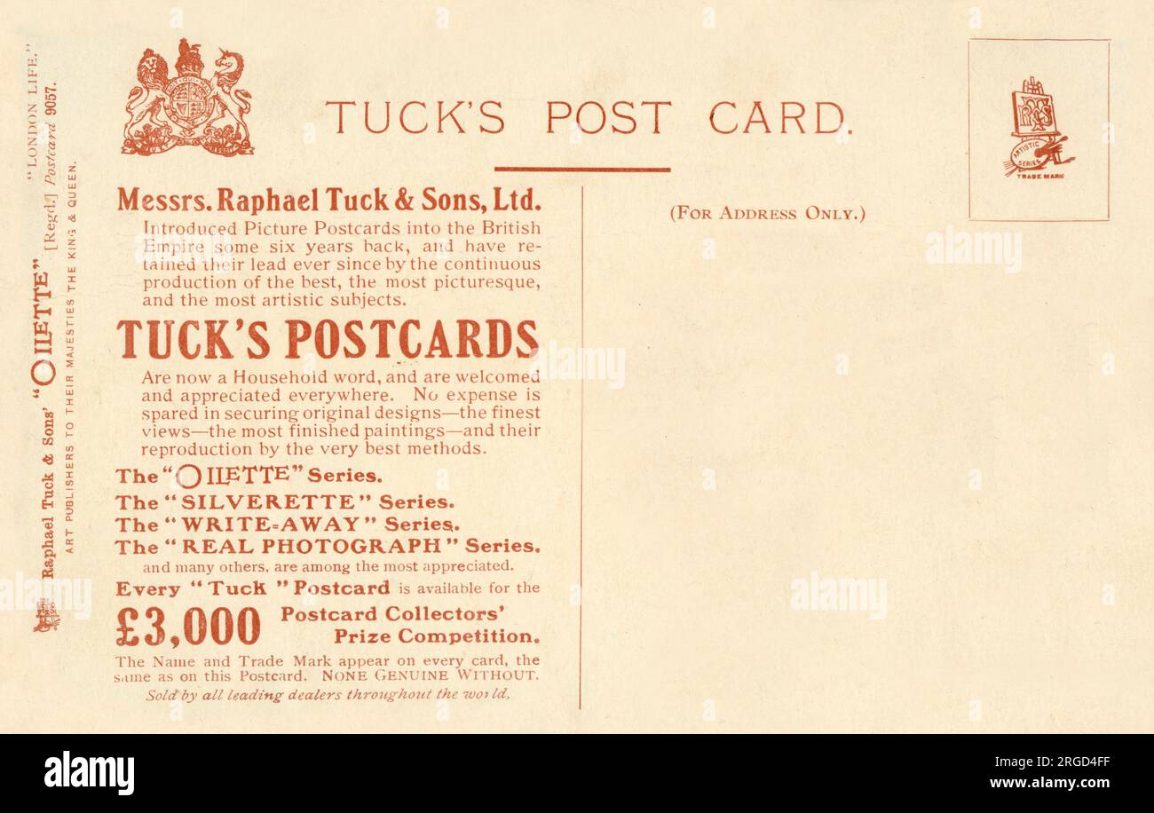 The reverse of a Raphael Tuck & Sons postcard detailing information ...