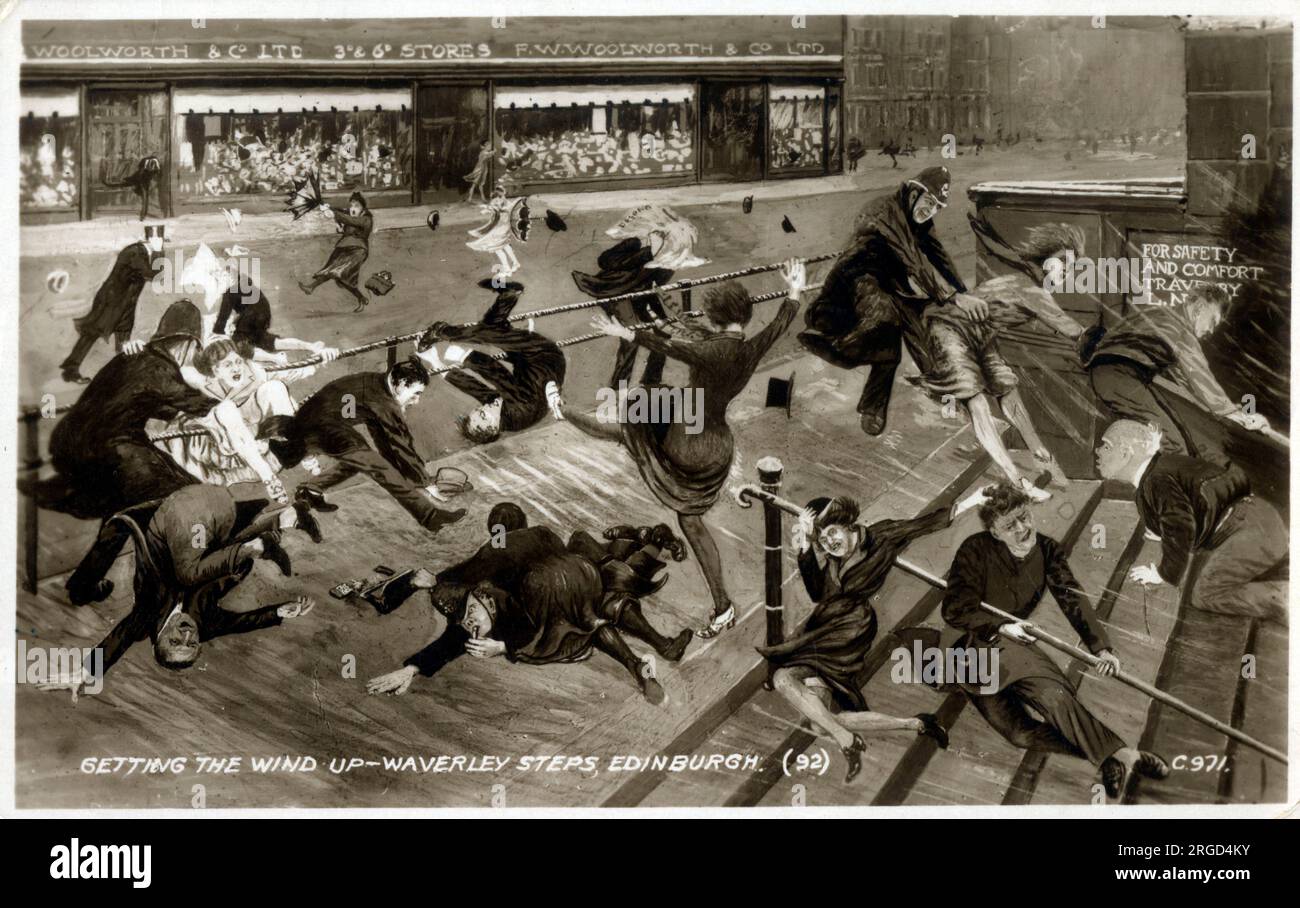 Edinburgh, Waverley Steps - 'Getting the Wind Up' - pedestrians being ...