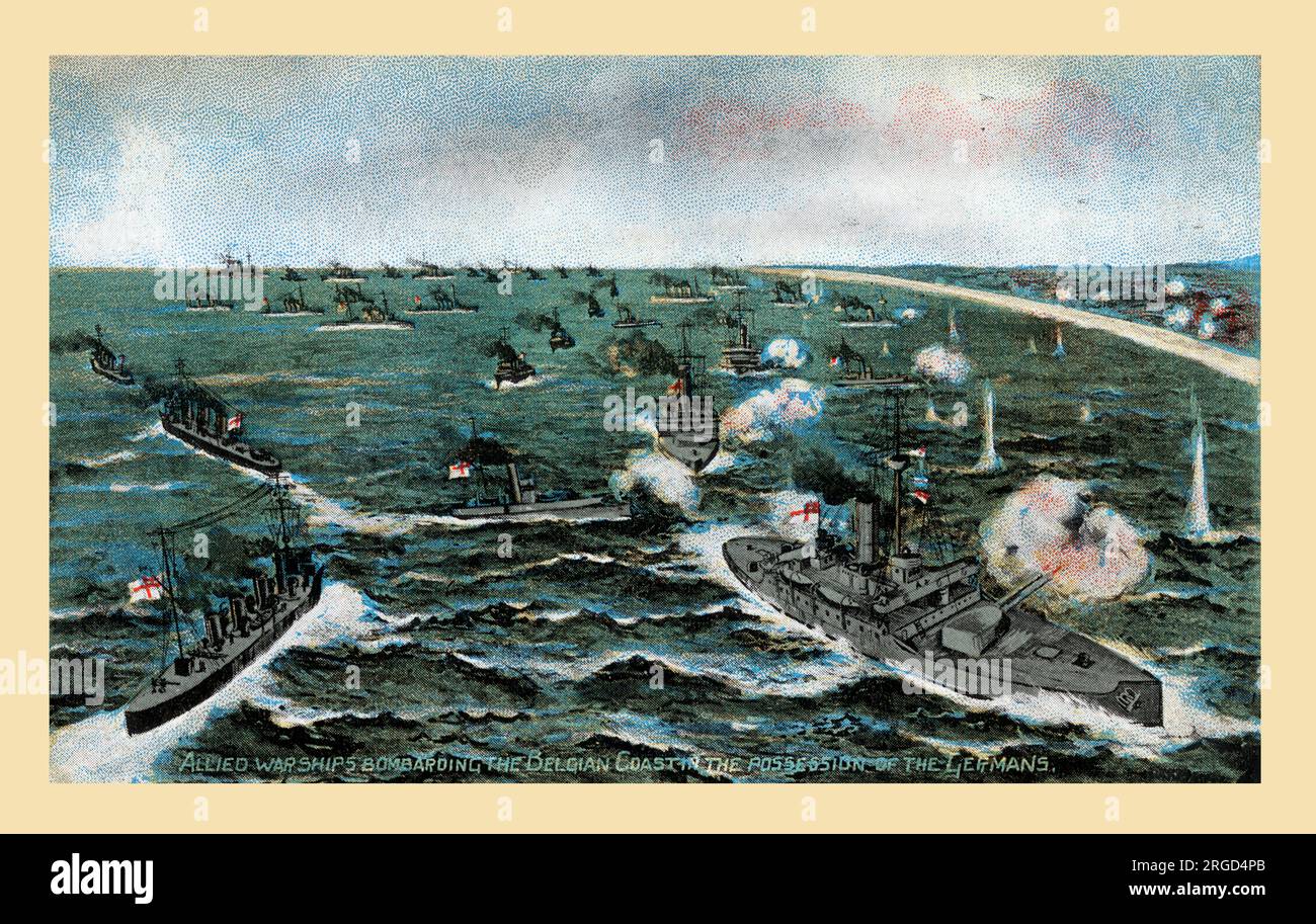WW1 - Allied Warships bombarding the German trenches along the Belgian ...