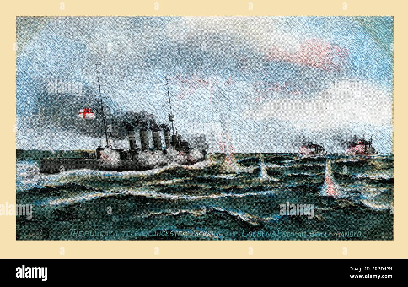 WW1 - The Plucky little British light-cruiser 'Gloucester' tackling the ...