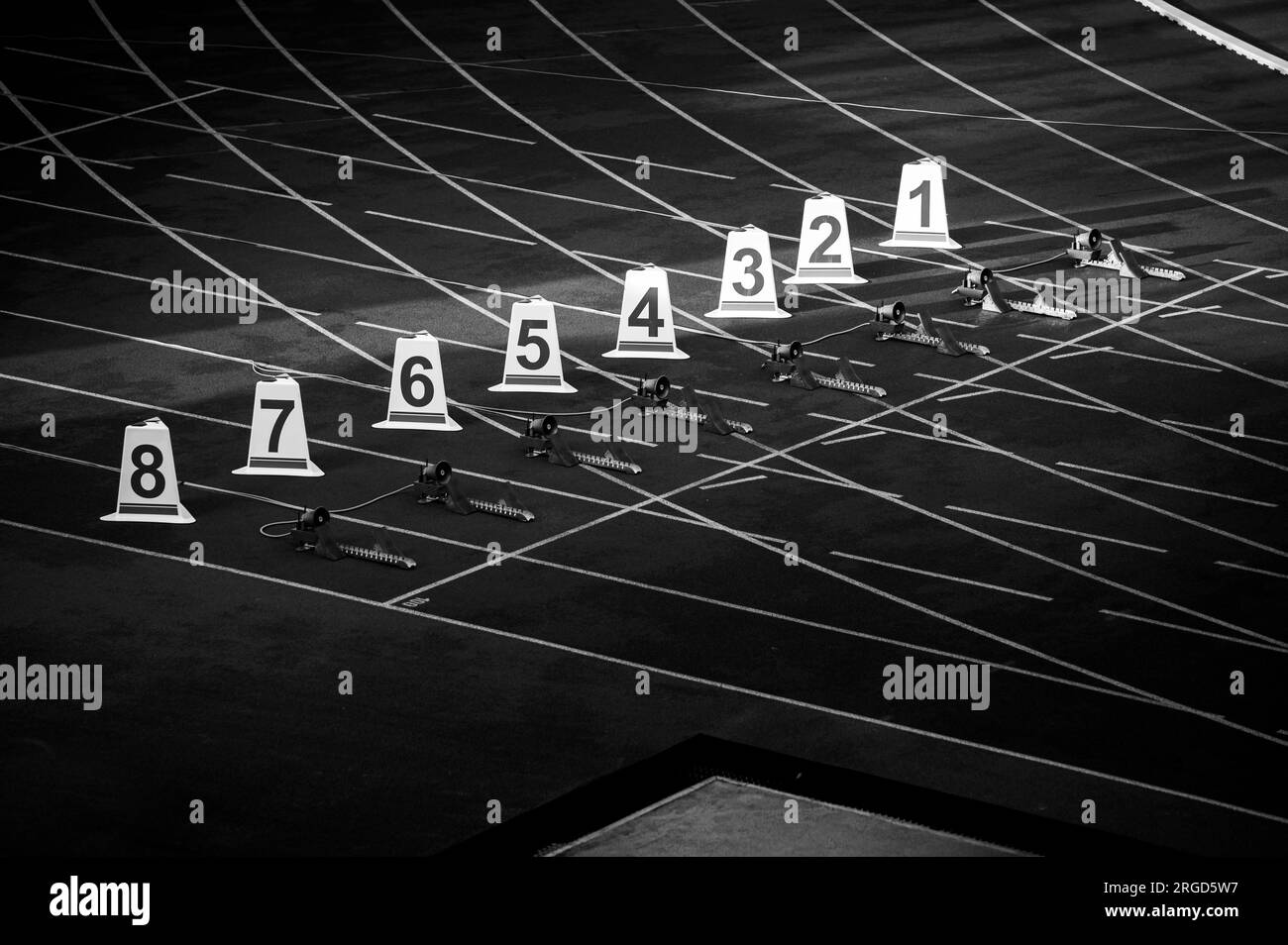 Starting numbers on athletics track. Sprint race Black and white photo ...